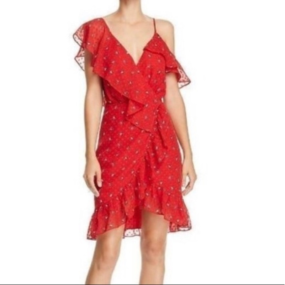 Wayf | Dresses | Wayf Red Floral Print Dress Ruffled Cross V Neck ...